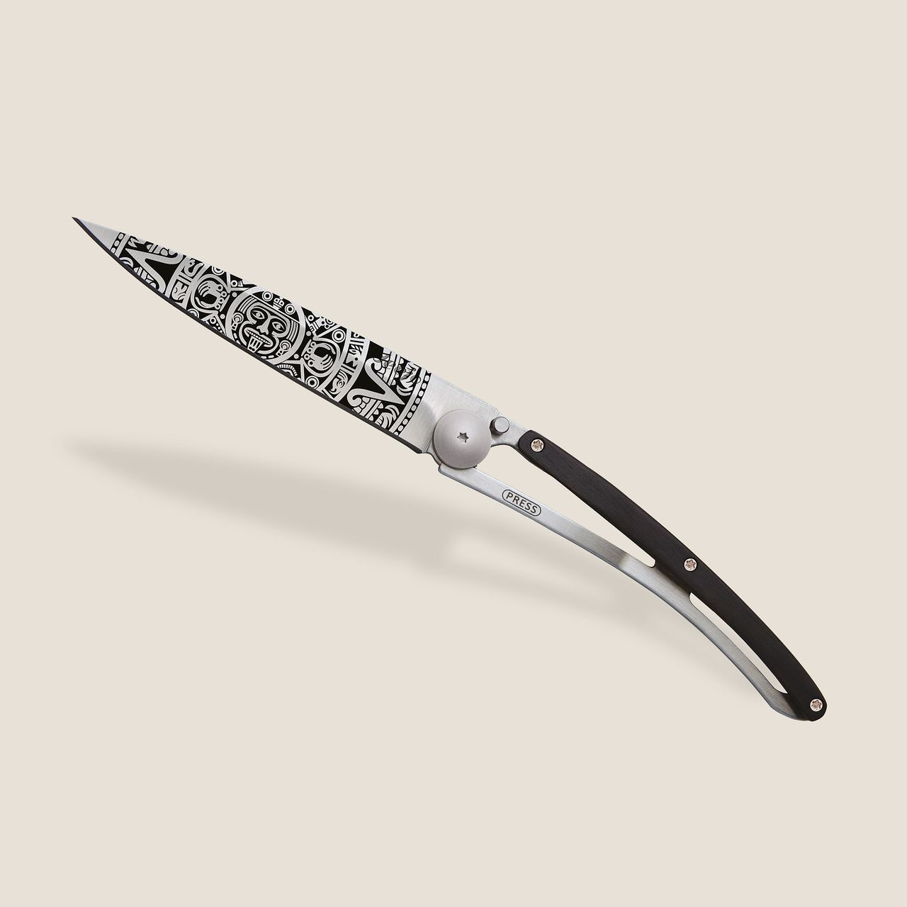 Deejo Ebony Wood Frame Lock Aztec Sun Etch | Red Hill Cutlery