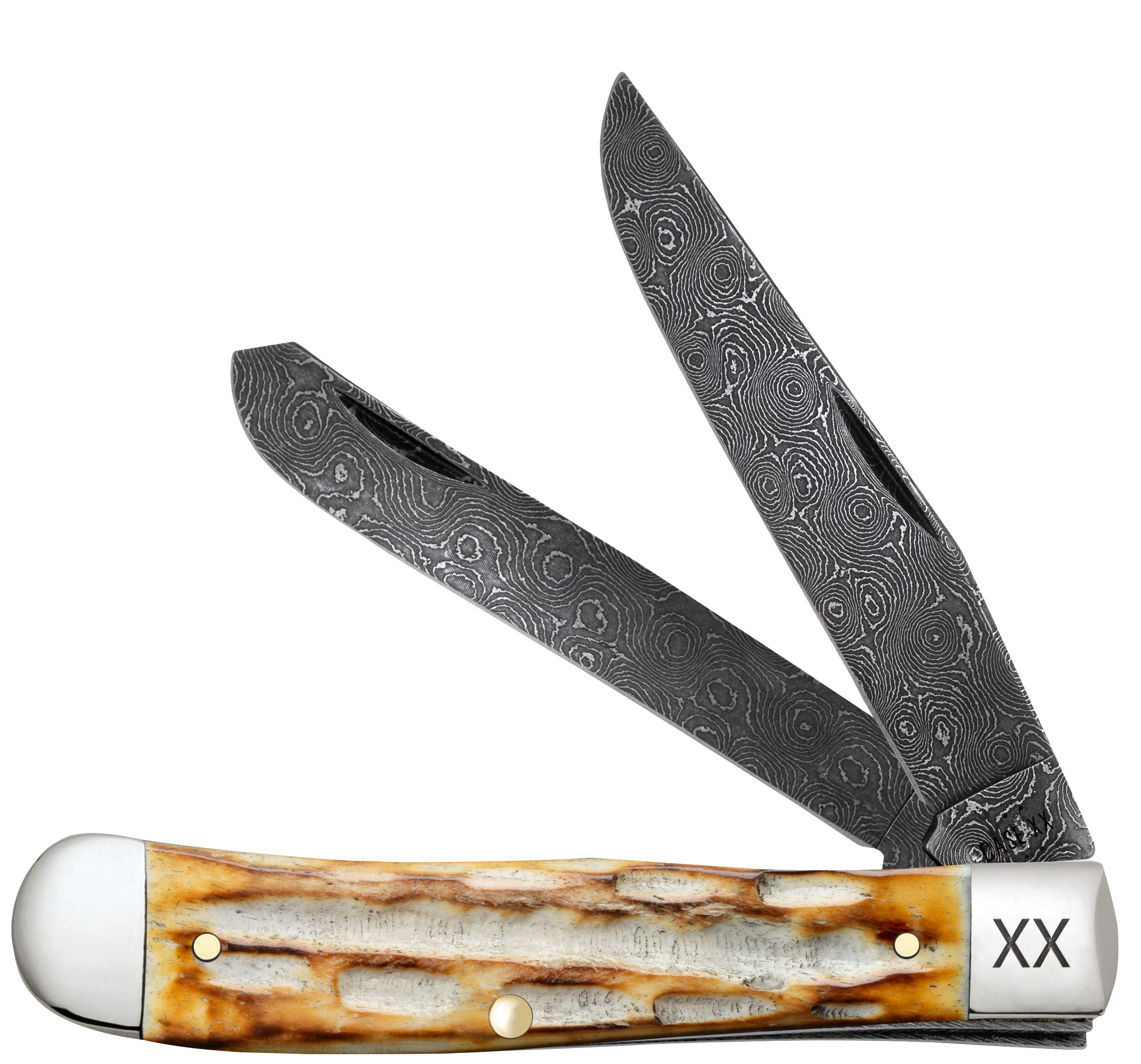 Case Deep Canyon Jig Burnt Natural Bone Damascus Trapper | Red Hill Cutlery